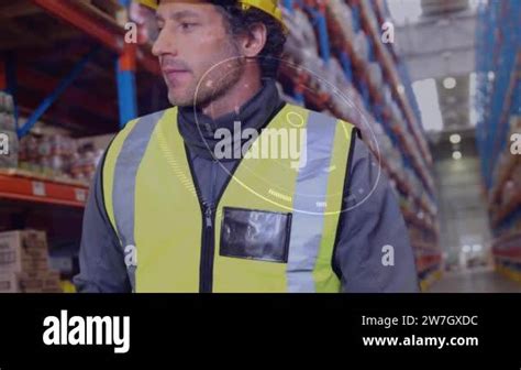 animation of scope scanning over man and woman working in warehouse