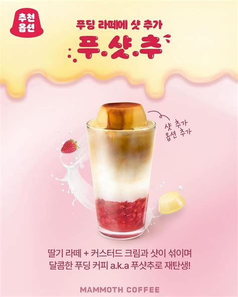 매머드익스프레스 신메뉴 🍓🍮커스터드 푸딩이 통째로 올라간 달콤한 봄 신메뉴 음료 출시 딸기커스터드푸딩라떼 부드러운 풍미의 커스터드 크림 음료에 달콤한 딸기와 푸딩이