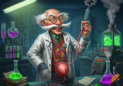 A Cartoon Evil Scientist With A Big Mustache And Gold Teeth In A Lab