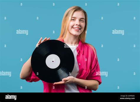 Young Blonde Woman With Vinyl Record Disc Hobby Music Lover