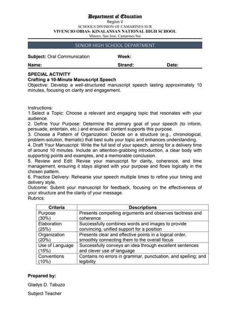 Oc Special Activity Manuscript Speechdocx Oral Communication In