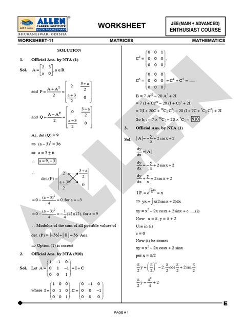 Ws 11 Matrices Sol Pdf Mathematical Objects Matrix Theory