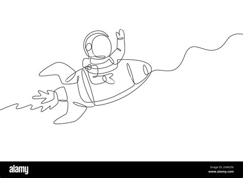 Single Continuous Line Drawing Of Astronaut In Spacesuit Waving Hand At