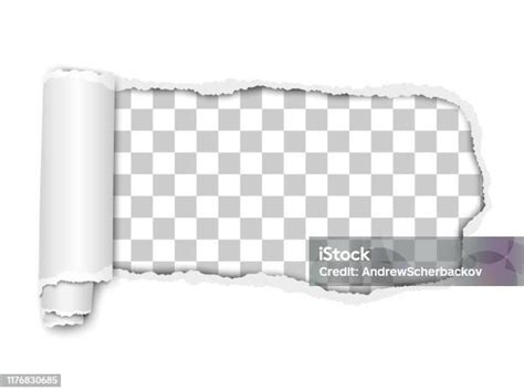 부드러운 그림자 종이 컬과 구멍에 투명 한 배경 종이의 흰색 시트에서 오른쪽에서 왼쪽으로 길게 찢어진 구멍 벡터 그림입니다 종이 모형 0명에 대한 스톡 벡터 아트 및 기타