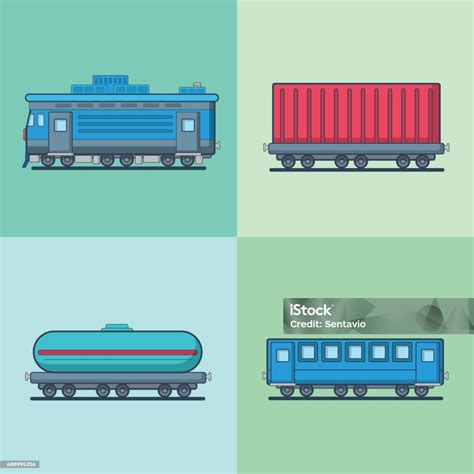 기관차 승객 코치 캐리지 물통 철도 철도 전송 집합입니다 선형 색 스트로크 윤곽선 평면 스타일 벡터 아이콘입니다 컬러 아이콘 컬렉션입니다 기관차에 대한 스톡 벡터 아트 및