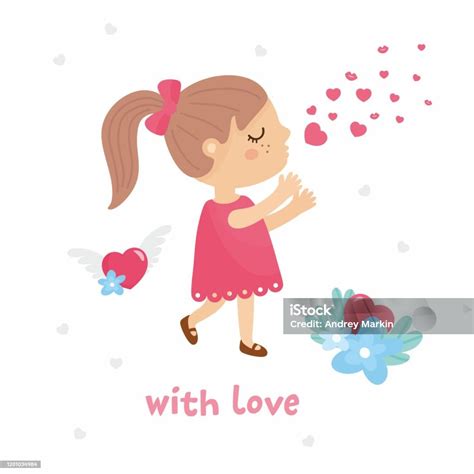 발렌타인 데이 로맨틱 카드입니다 달콤한 여자와 귀여운 그림입니다 소녀는 키스를 불면 발렌타인 데이에 대한 그림 사랑 따옴표와 함께 공휴일에 대한 스톡 벡터 아트 및 기타