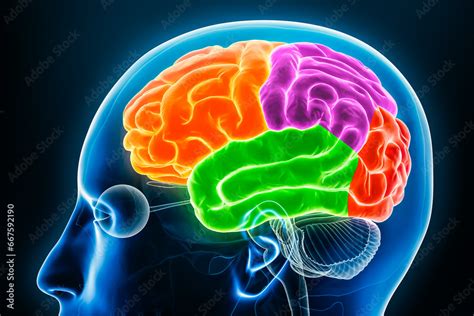 Cerebral Cortex Lobes In Color Profile View X Ray 3d Rendering