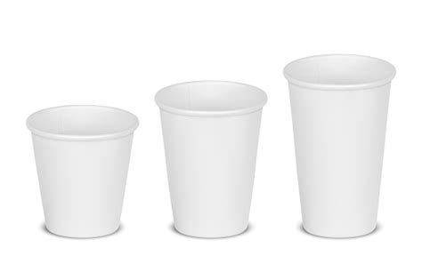 벡터 3d 현실적인 종이 흰색 일회용 빈 빈 차 커피 컵 세트 흰색 배경에 격리 작은 중간 큰 크기 스톡 벡터 일러스트레이션 디자인 템플릿입니다 전면 보기 공란에 대한 스톡