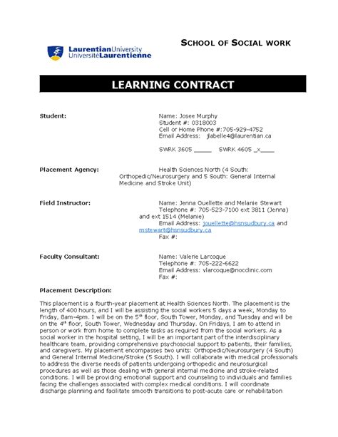 Swrk 3605 Learning Contract For Social Work Placement At Health