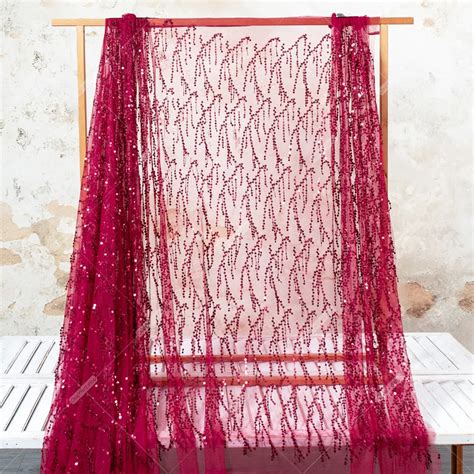 Gorgeous Burgundy Tassel Sequin Dressmaking Mesh Fabric Oneyard