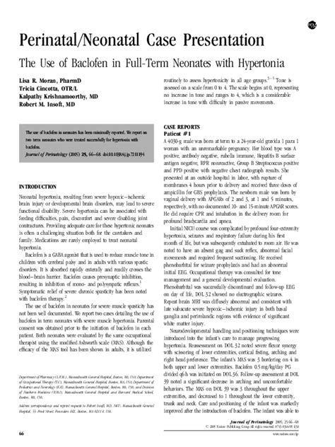 Pdf The Use Of Baclofen In Full Term Neonates With Hypertonia