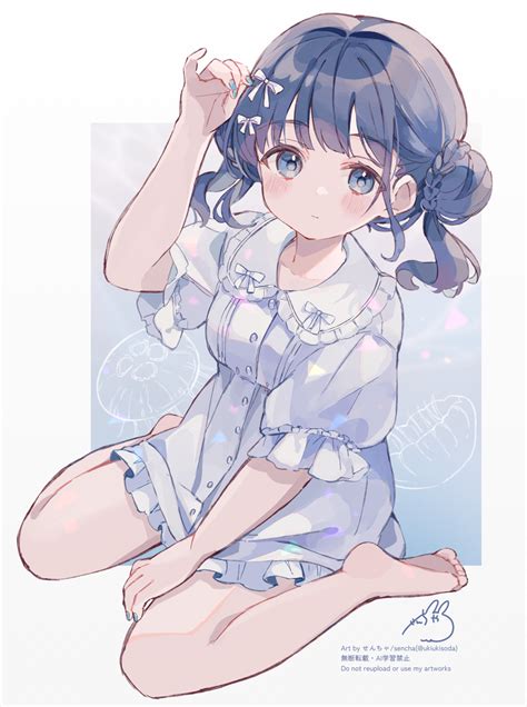 Sencha Senta 10 Original Highres 1girl Arm Up Barefoot Blue