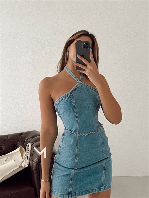 Daimy Boğazdan Bağlamalı Mini Denim Elbise Mavi Modelleri En Uygun