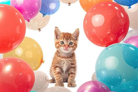 Watercolor Illustration Of A Cute Kitten With Balloons Premium Ai