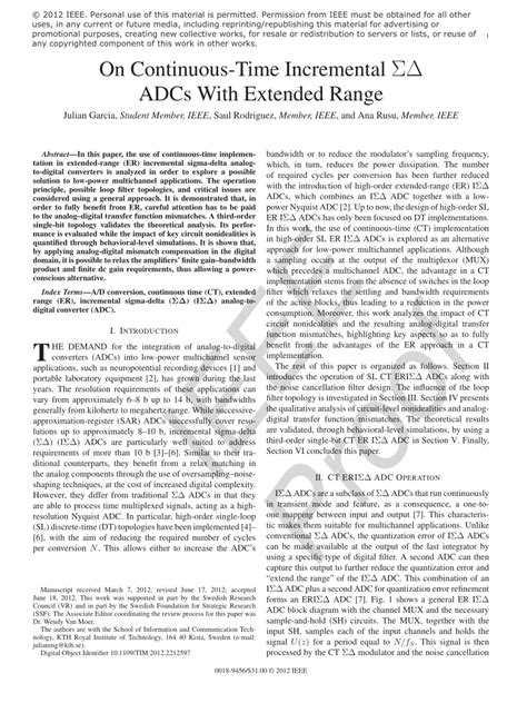 PDF On Continuous Time Incremental Sigma Delta ADCs With Extended Range