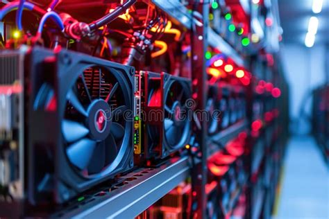 Cryptocurrency Mining Rigs With Powerful Gpus Colorful Illuminated Video Cards Stock