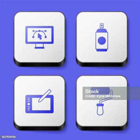 디자인 프로그램 페인트 스프레이 캔 그래픽 태블릿 및 롤러 브러시 아이콘으로 컴퓨터를 설정합니다 흰색 사각형 버튼입니다 벡터
