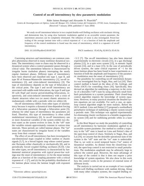 Pdf Control Of On Off Intermittency By Slow Parametric Modulation