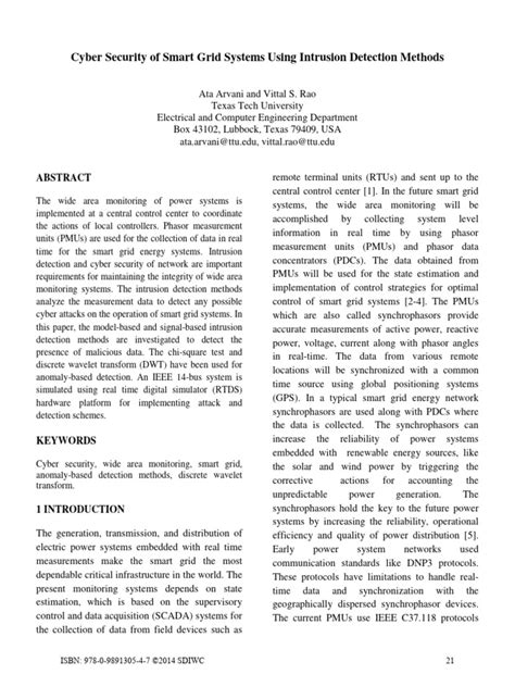 Cybersecurityofsmartgridsystemsusi Pdf Wavelet Electrical Engineering
