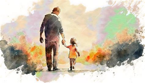 Una Pintura De Acuarela De Un Padre Y Una Hija Cogidos De La Mano
