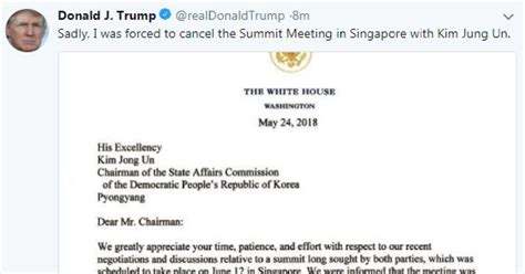 Donald Trump Spells Kim Jong Uns Name Wrong In Tweet Canceling Meeting