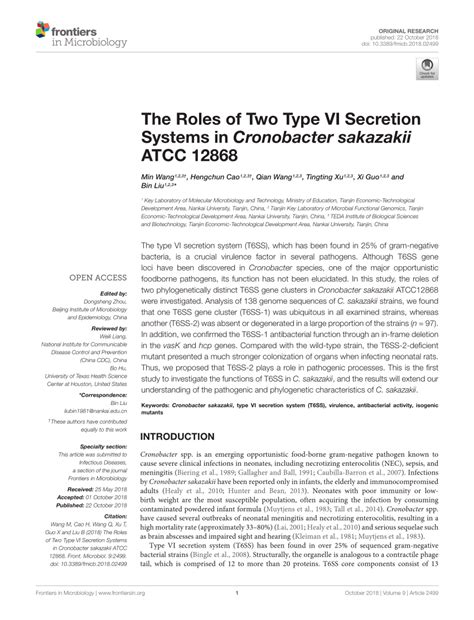 Pdf The Roles Of Two Type Vi Secretion Systems In Cronobacter Sakazakii Atcc 12868