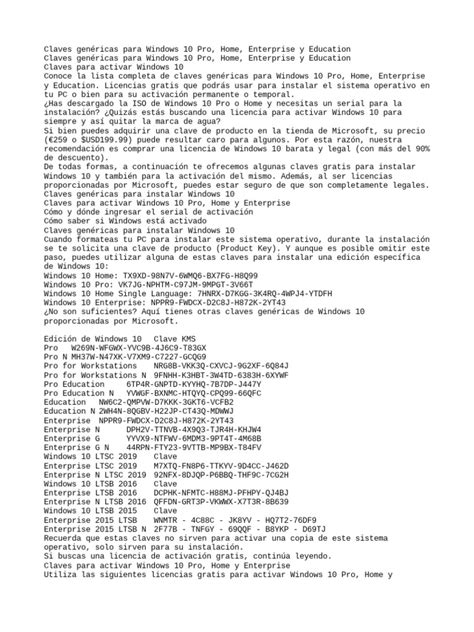 Usar Estás Claves Genérica Instalacion Y Activación Windows 10 Pdf