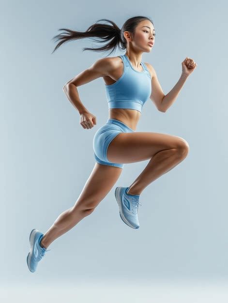 Asian Athletic Woman In Green Sportswear Running And Jumping Against