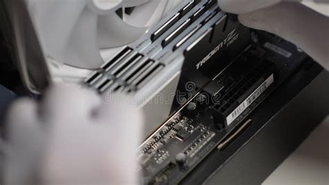 Closeup Cropped High Angle View Of Unrecognizable Computer Repairman Wearing Rubber Gloves