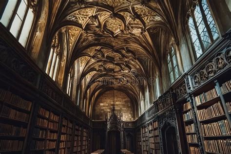 Ornate Gothic Library Interior With Vaulted Ceiling And Towering