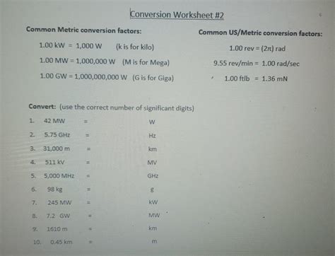 Solved Conversion Worksheet 2 Common Metric Conversion