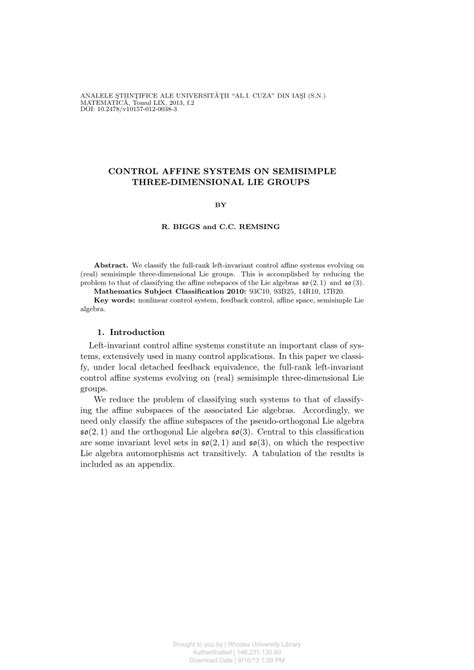 Pdf Control Affine Systems On Semisimple Three Dimensional Lie Groups