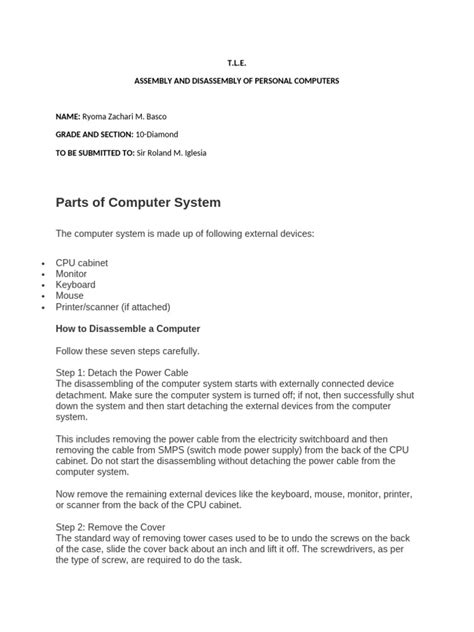 Steps On Computer Assembly And Disassembly Pdf