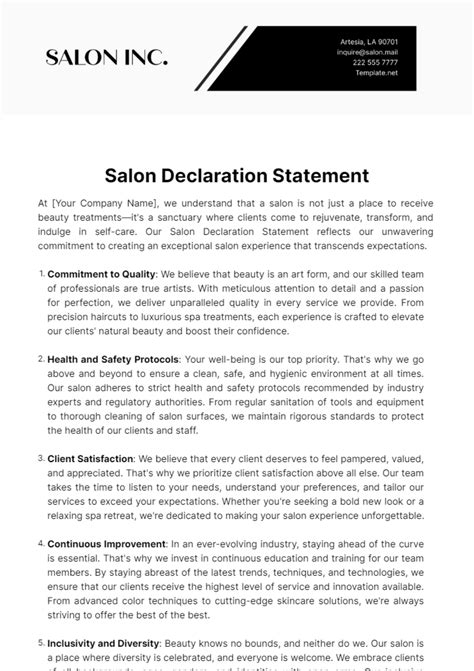 Free Salon Declaration Statement Template To Edit Online