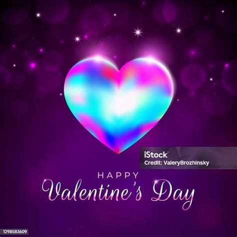 발렌타인 데이 카드 무지개 빛나는 마음 마젠타 밝은 조명보라색 배경 해피 발렌타인 데이 배너 하트와 초대 발렌타인 카드 사랑 장식 디자인 벡터 하트 모양에 대한 스톡 벡터