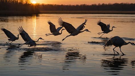 Moment A Flock Of Migrating Sandhill Cranes Takes Flight Against A