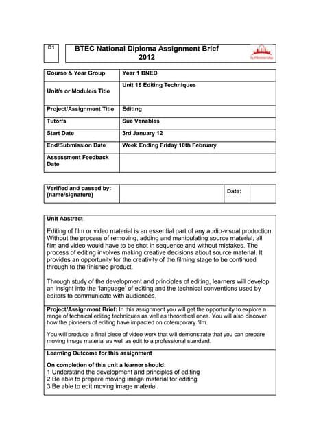 Editing Assignment Brief Unit 16 Docx