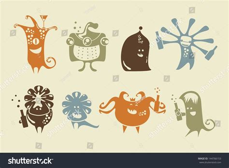 Cartoon Set Drinking Happy Little Monsters Stock Vector Royalty Free