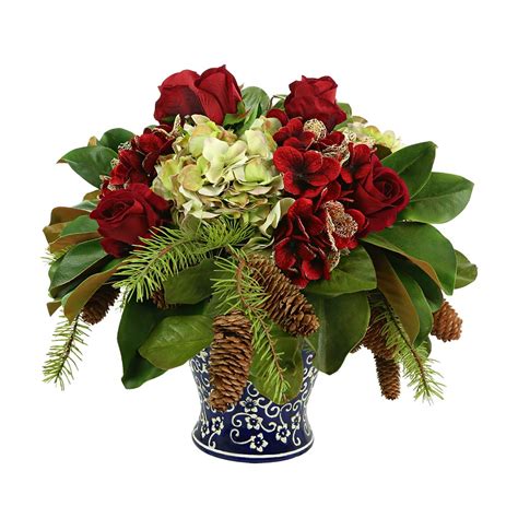 Hydrangea And Rose Holiday Arrangement In A Decorative Ceramic Vase Creative Displays And