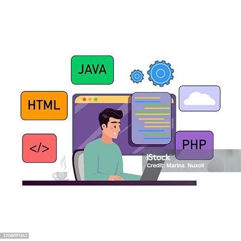 Developer Working On Laptop With Coding Symbols Cloud Signs And A Large Screen Behind Stock