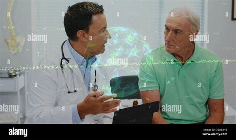 Explaining Doctor And Patient Reviewing Holographic Data With Spine Model In Consult Room Stock