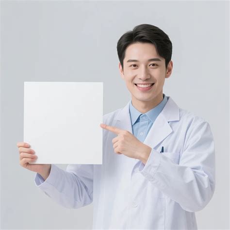 医生职业装，白色的背景，面带微笑，左手拿着白色的正方形板子对着镜头，右手指着板子，看着镜头真实照片，完美画质，4k画质，看着镜头，中长景，明暗对比 花瓣网
