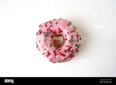 Pink Strawberry Sprinkle Donuts Isolated On White Background Stock