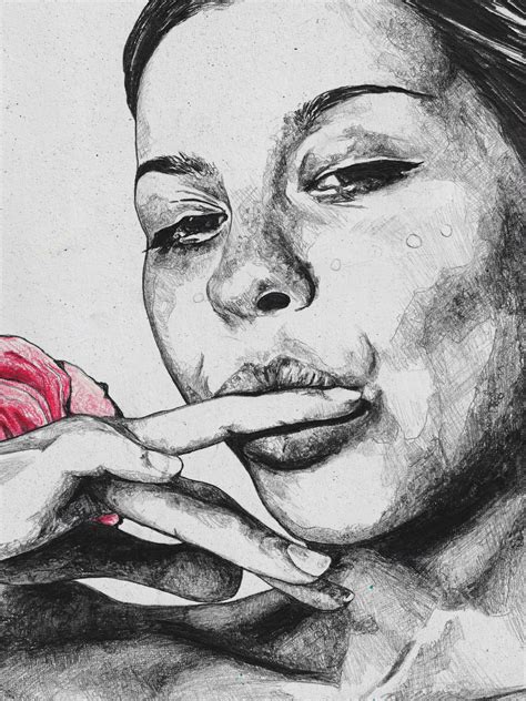 Erotic Realistic Drawing Nude Girl Portrait With Roses Artistic Female