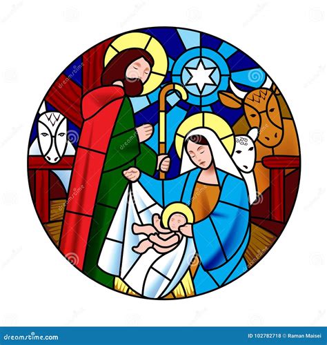 Circle Shape With The Birth Of Jesus Christ Scene In Stained Glass