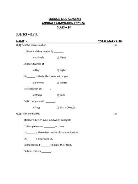 Class 1 Evs Annual Exam Pdf Class 1 Evs Annual Exam Pdf