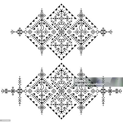 아이슬란드 민속 미술 스타일의 기하학적 부족 라인 아트 벡터 디자인 세트 바이킹 룬에서 영감을 받은 흑백 롱 수직 패턴 컬렉션 검은색에 대한 스톡 벡터 아트 및 기타 이미지