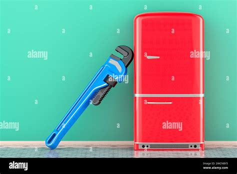 Refrigerator Machine With Pipe Wrench In Interior Repair And Service Of Fridge Concept 3d