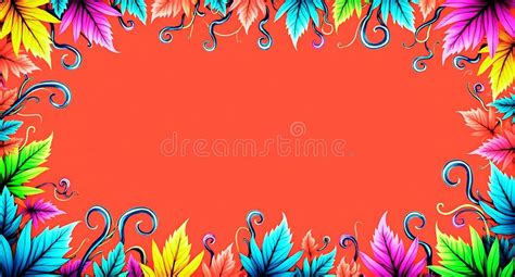Multi Coloured Foliage Boarder Frame With Red Background Ai Generated