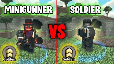Golden Minigunner Vs Golden Soldier Tower Defense Simulator Roblox